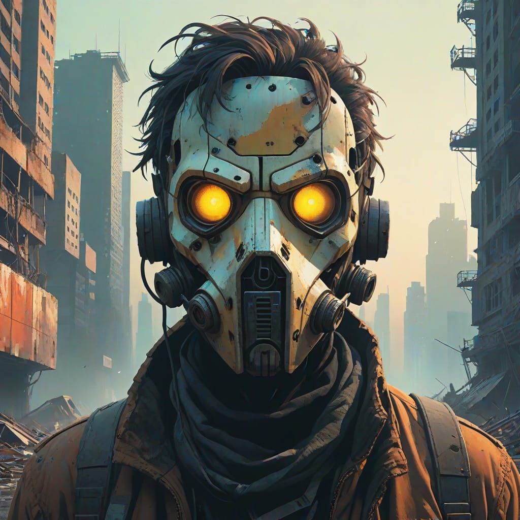 A Frayed Face Reflects a World in Ruins in Cyberpu... - AI Art
