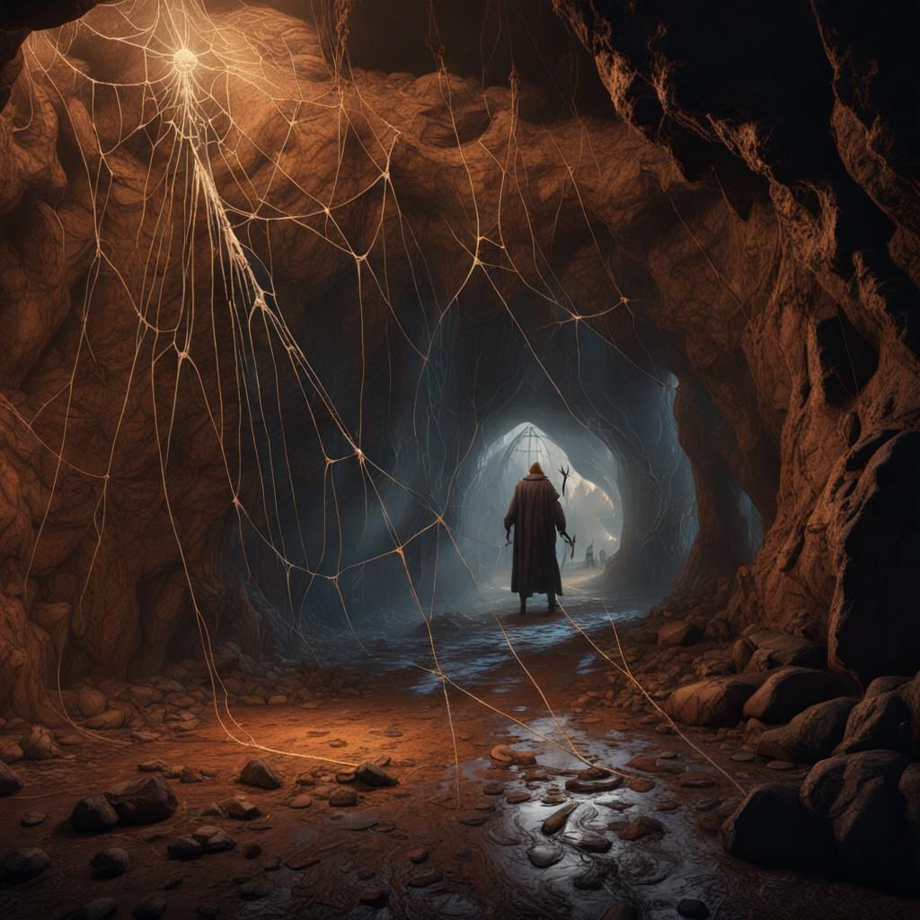 numerous spiderwebs in the cave tunnels of Mordor and a Hobbit with ...