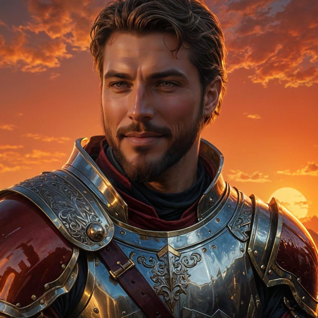 High fantasy epic attractive male knight, red armor, slick brown hair ...