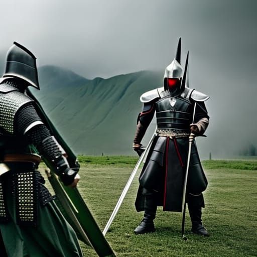 Samurai in dark green armor holding long sword posing near tall knight ...