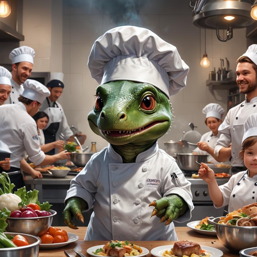 Portrait of a cute little baby dinosaur as a chef with a white chef hat ...