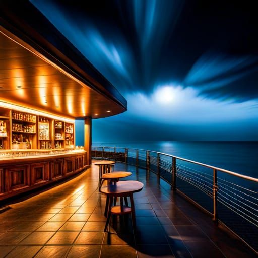 Well lit cafe sitting on a cliff under a star filled sky in the rain ...