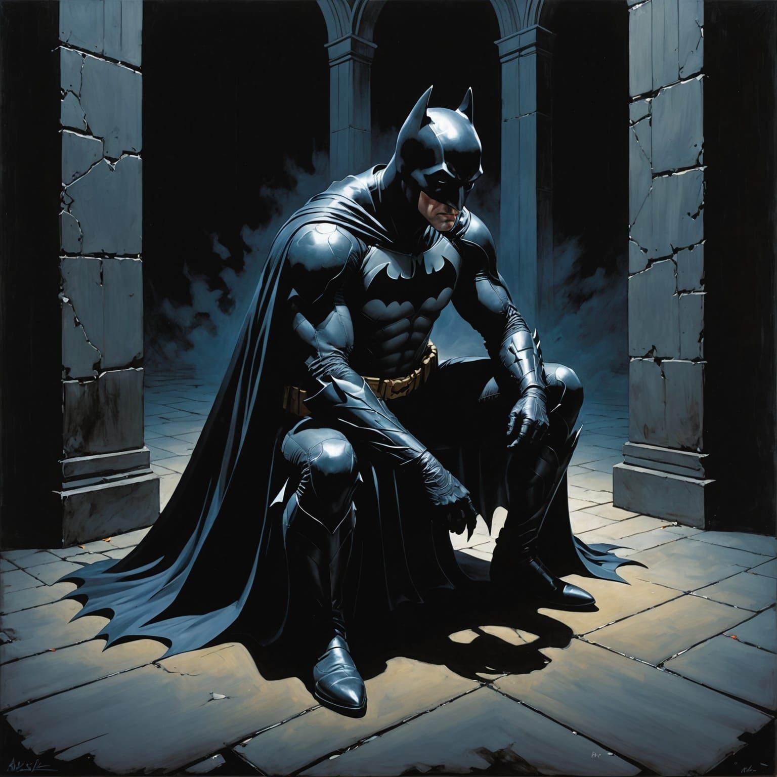 Batman in Contemplative Neo-Noir Oil Painting - AI Art