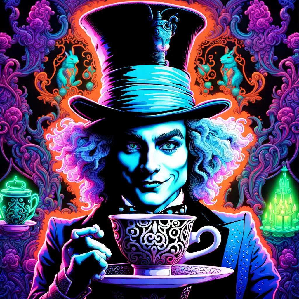 Black light glow in the dark neon colors mad hatter with intricate ...