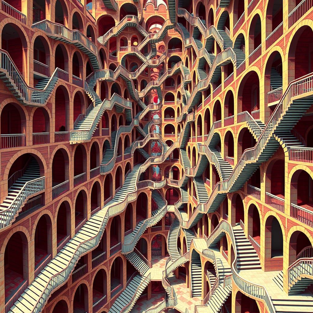 Escher-Inspired Infinite Staircase Maze in Vibrant... - AI Art