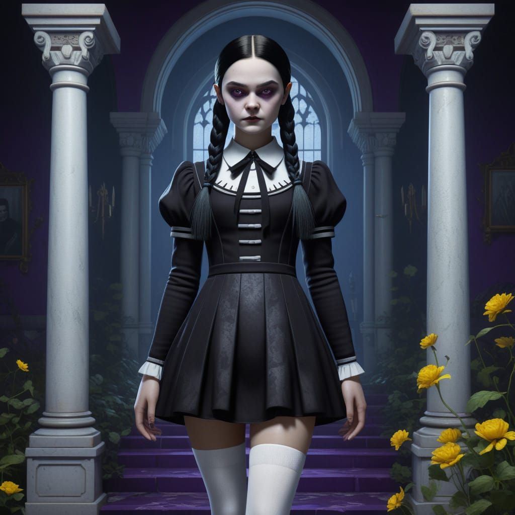 Wednesday Addams, gothic outfit, white pantyhose, slim dress, look ...