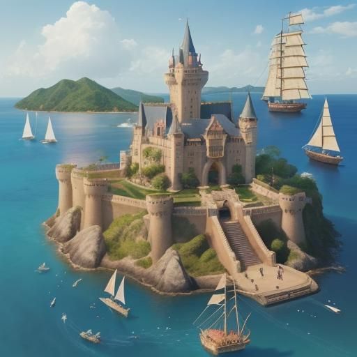 gorgeous castle on tropical island hill, sailing ships in harbor ...