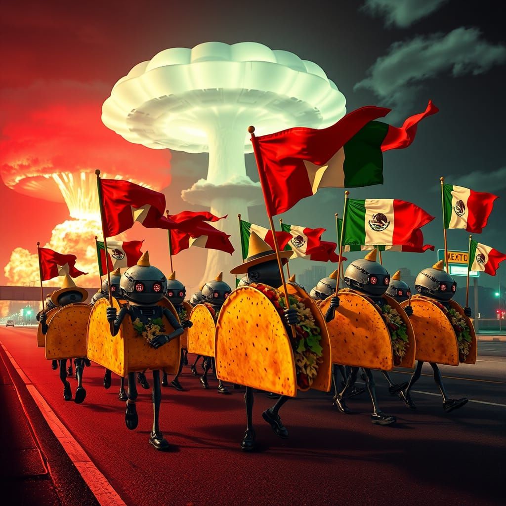 Retrofuturistic Taco Robots March in Post-Apocalyp... - AI Art