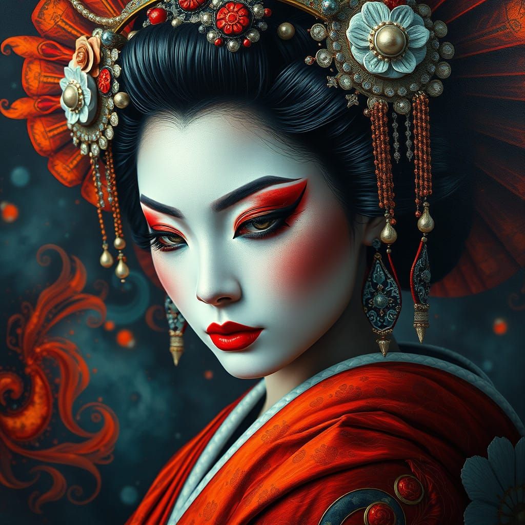 Realistic oil painting. Portrait of a wild and mysterious geisha queen ...