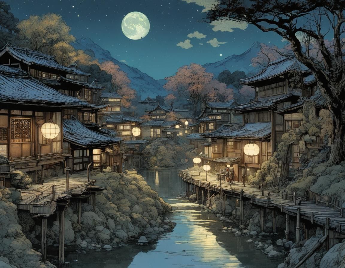 Japanese Village with River - AI Generated Artwork - NightCafe Creator
