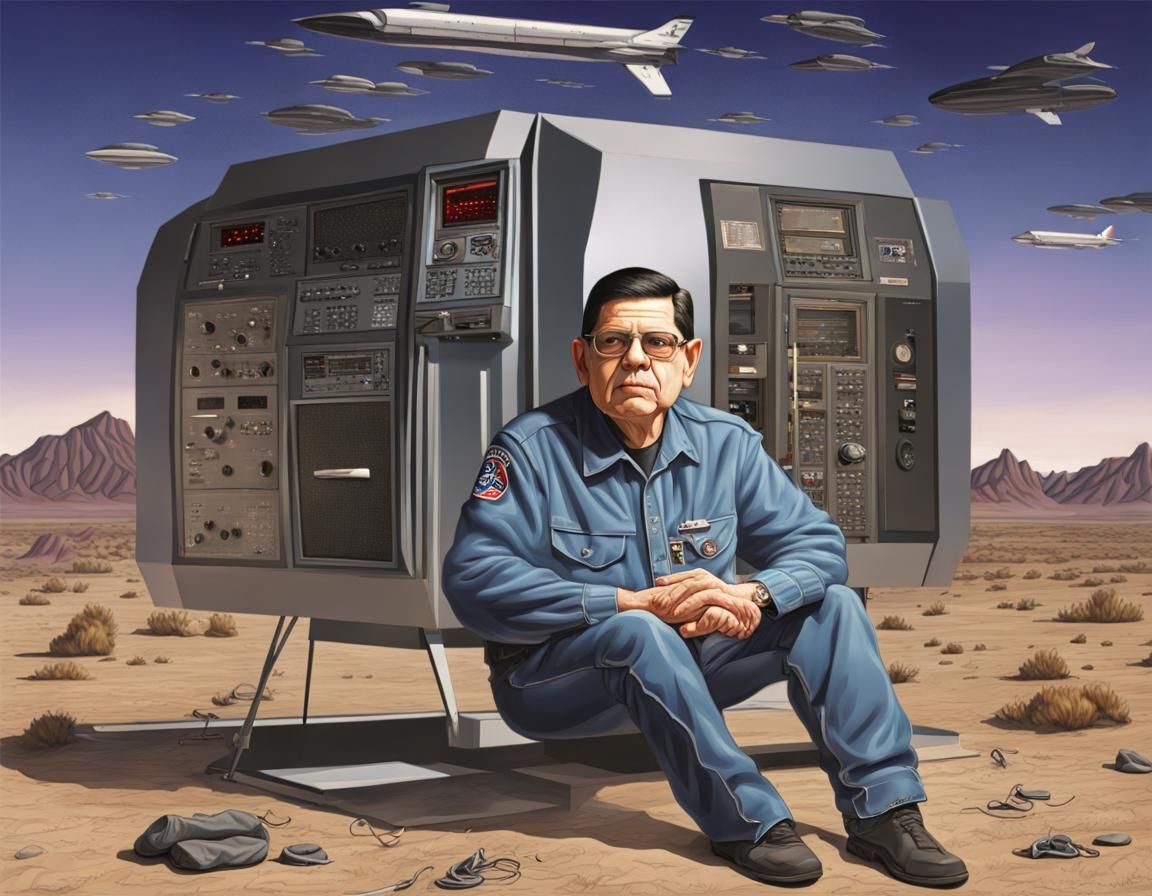 Art Bell radio host at area 51 year 1995. photorealistic, high quality ...