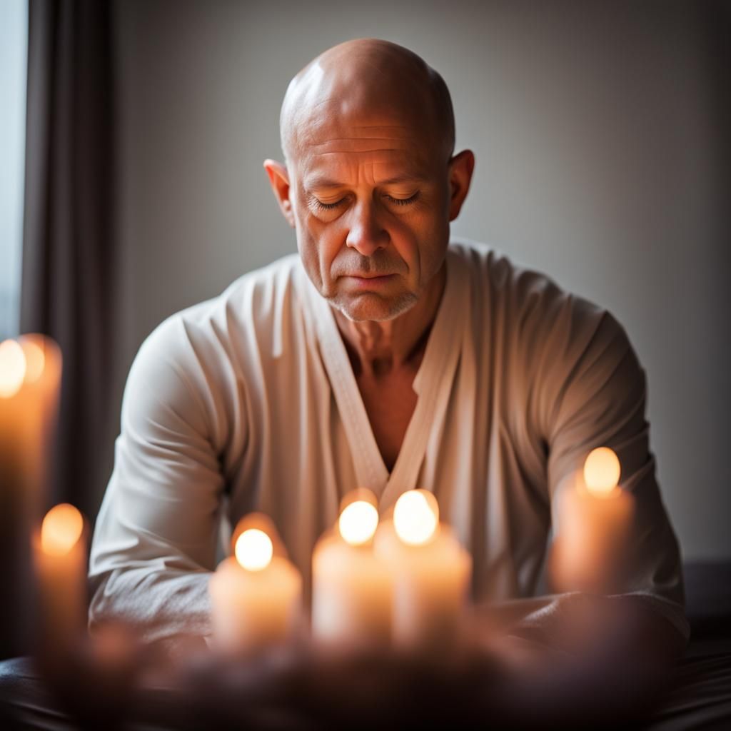 Bald man meditating by the candle - AI Generated Artwork - NightCafe ...