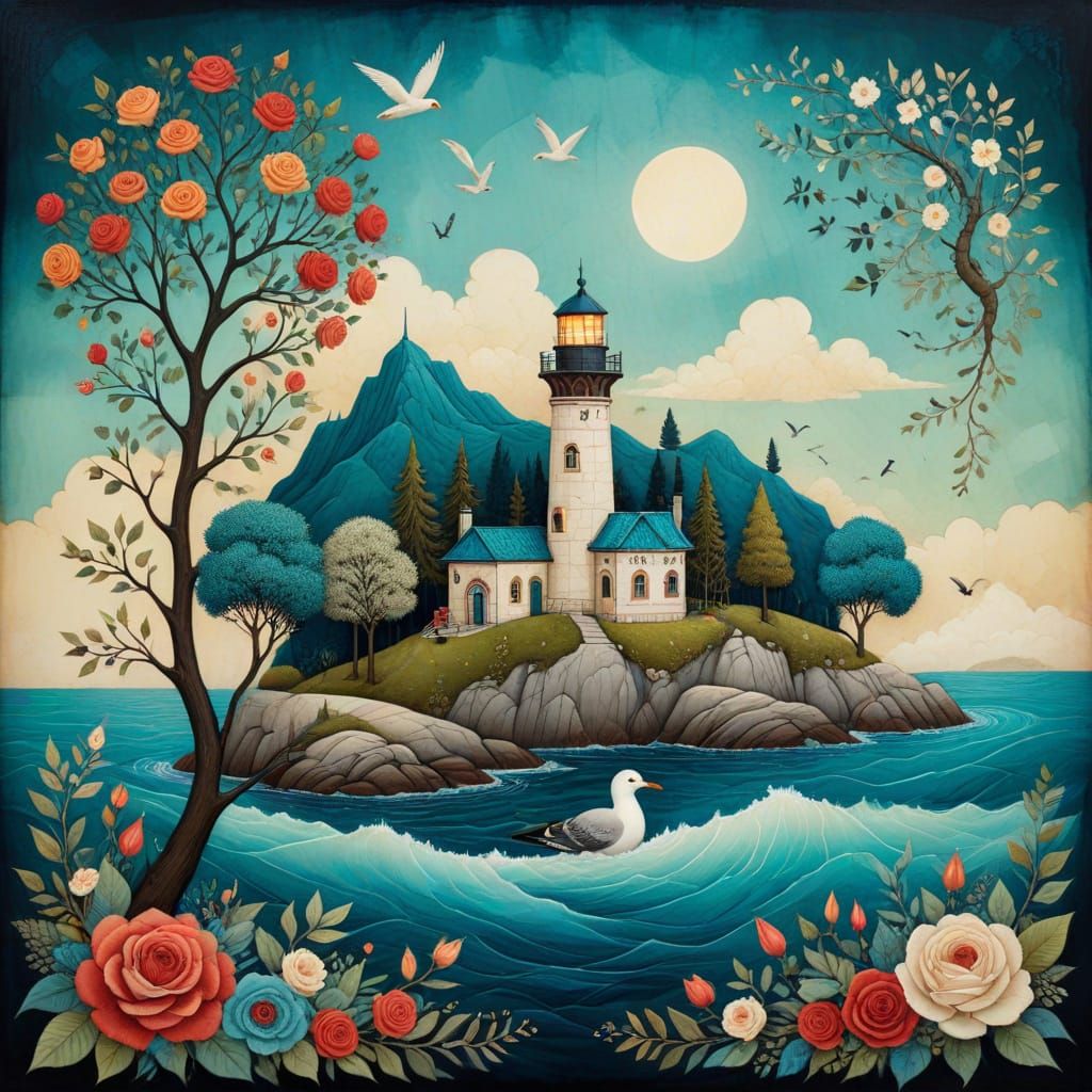 Draw a lighthouse in modern Istanbul in the style of Turkish miniature art