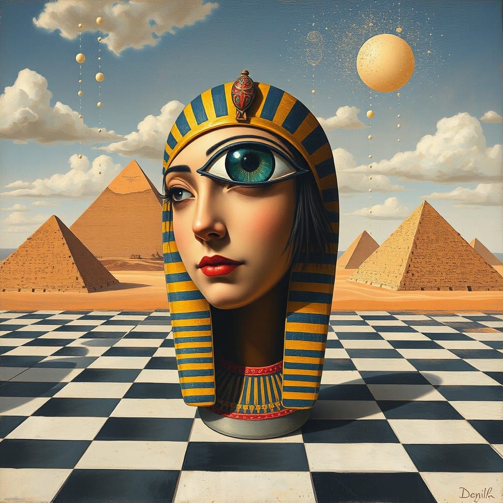surrealism, all seeing eye, Egyptian girl, pyramids, checkerboard ...
