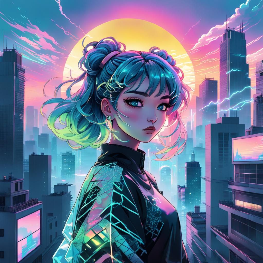 Vaporwave aesthetic digital painting featuring an anime girl - AI ...