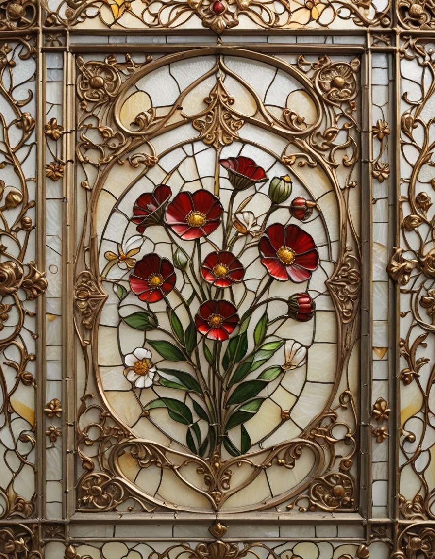 Traditional stained-glass artistry. Medium shot. A small, red Buttercup ...