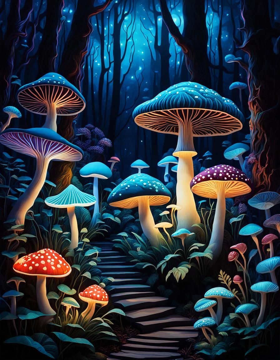 Quilt paper art of a bioluminescent enchanted mushrooms forest - AI ...