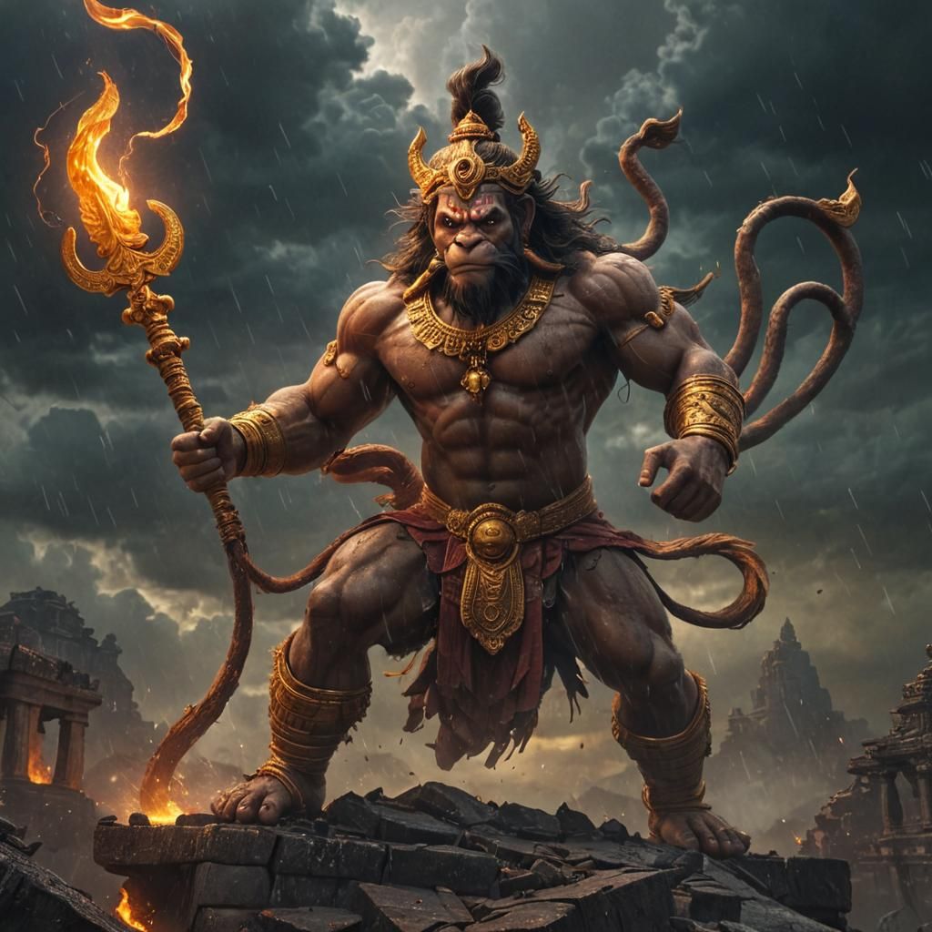 Lord Hanuman - Epic Lord Hanuman Digital Painting in Vibran...