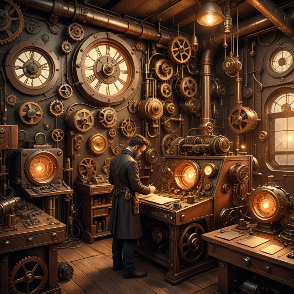 Inventors at Work - Inventors in a Warm, Golden-Lit Workshop