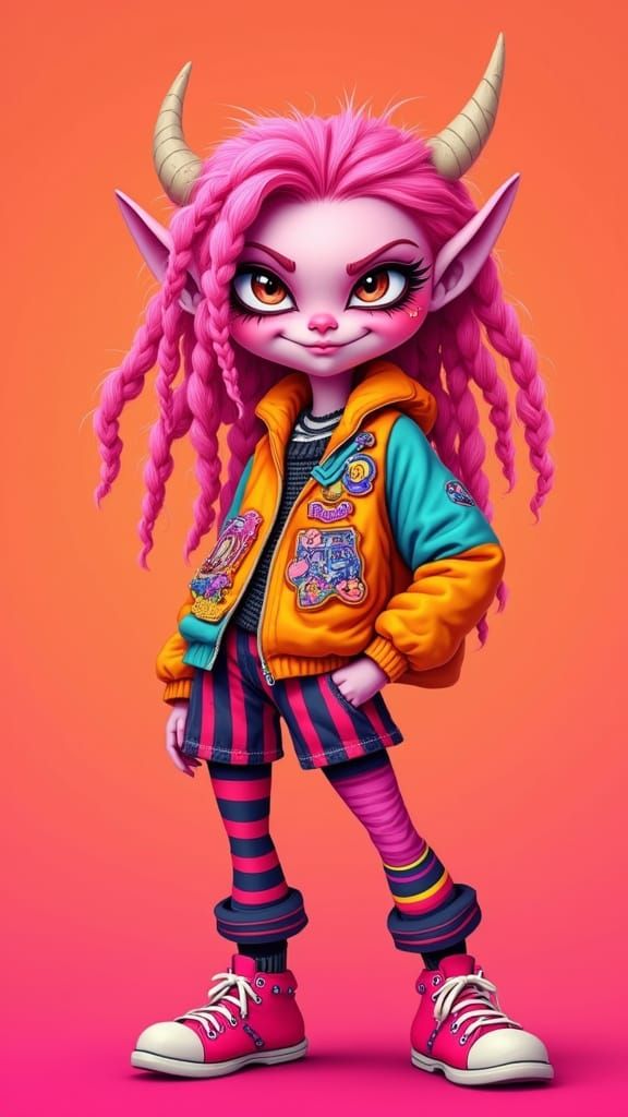 Whimsical Goblin Girl in Bold, Trendy Attire - AI Art