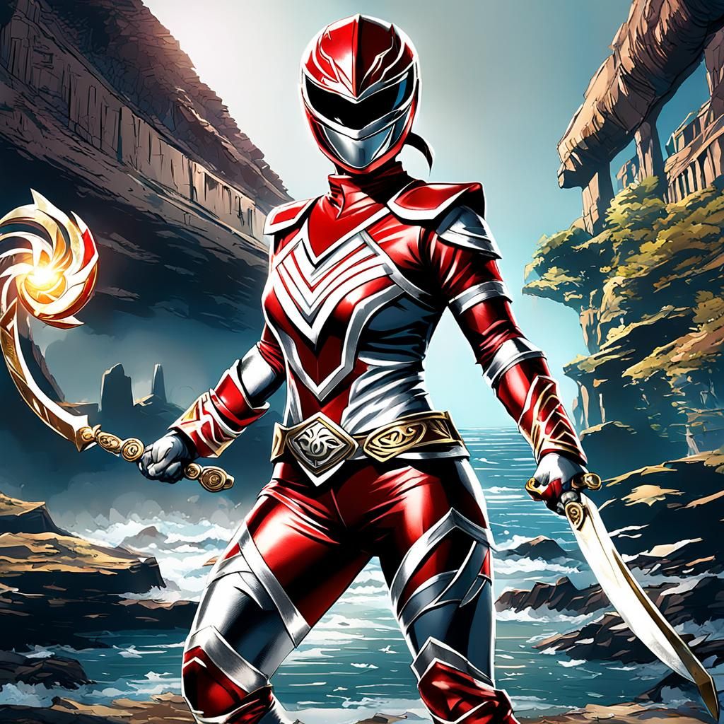 female power ranger A red and silver costume with a seal-inspired ...