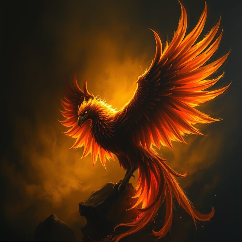 Epic Phoenix Emerge from Shadows in Traditional Oi... - AI Art