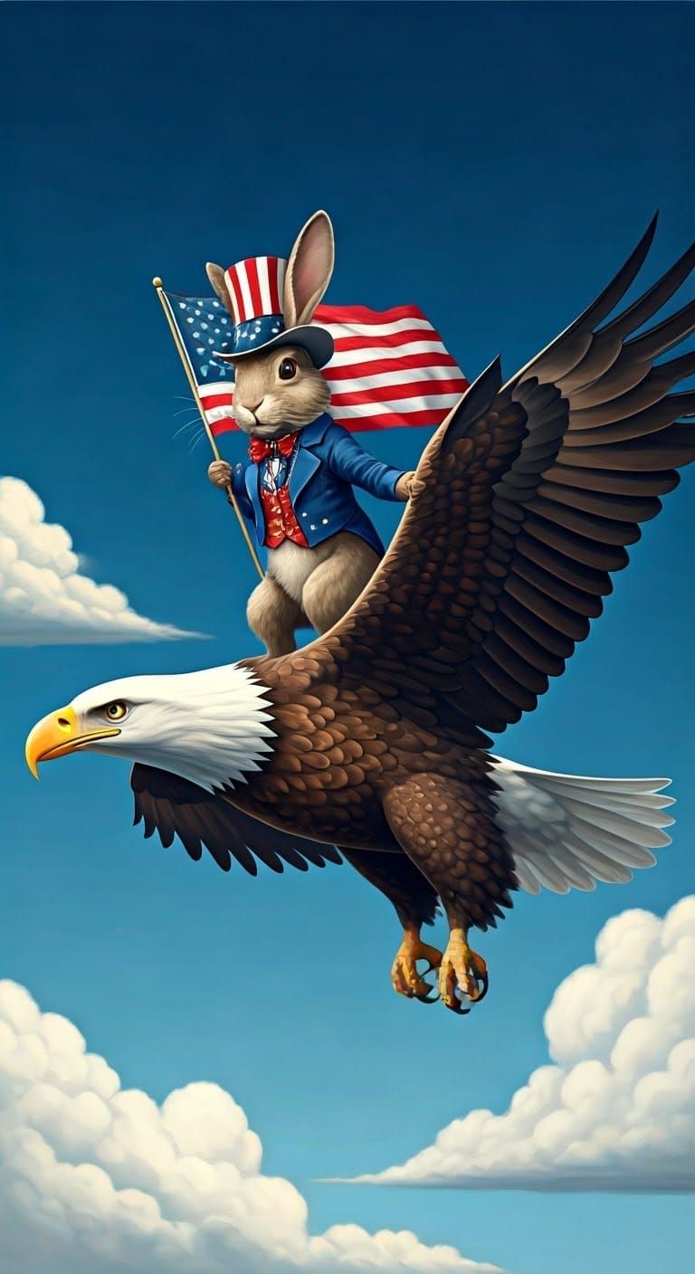 Patriotic Rabbit Rides Bald Eagle Across Sky - AI Art