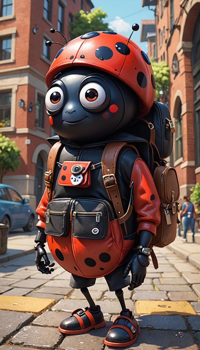 a ladybug walk like a human, with a googly eyes, wearing a schoolbag ...