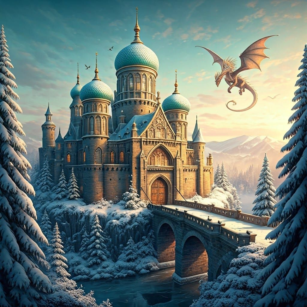 Domed Castle - Majestic, Snow-Encrusted Castle with 7 Turquo...