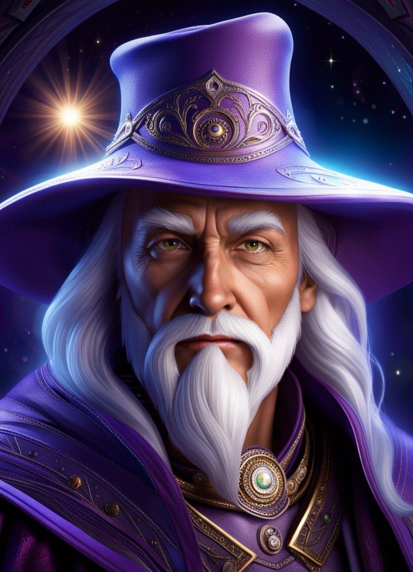 meticulously detailed wizened face, close up, male silver wizard ...