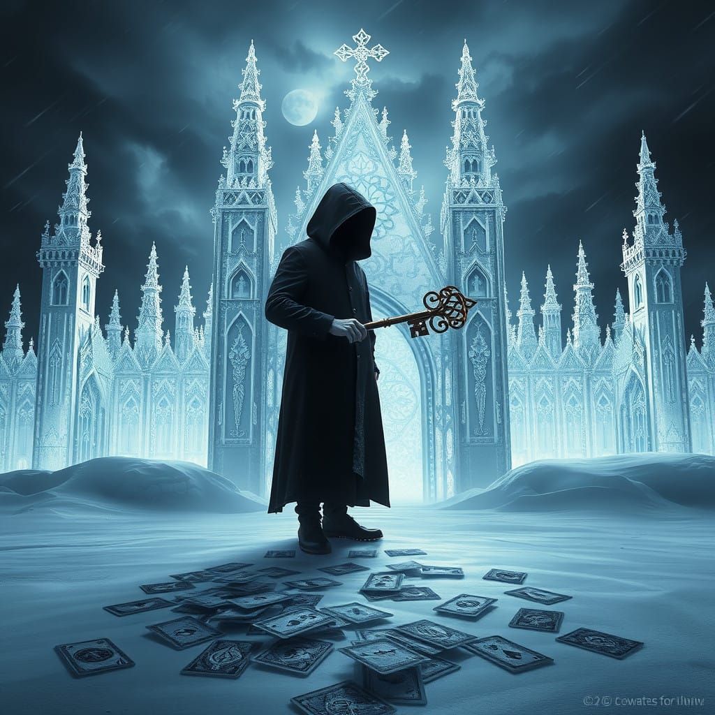 (Gothic Ice Cathedral):** A gothic painting of an ice cathedral, its ...