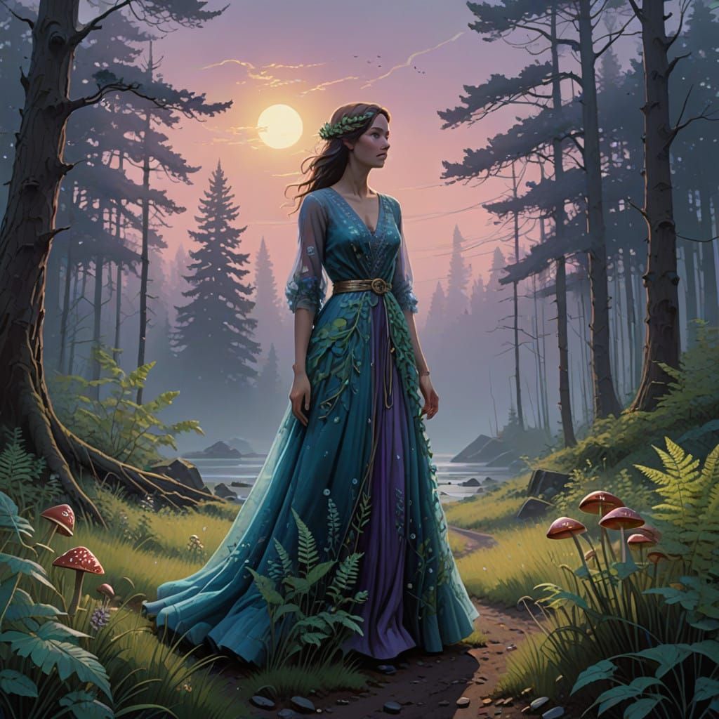 Ethereal Fantasy Woman Wanders Through Dreamy Fore... - AI Art