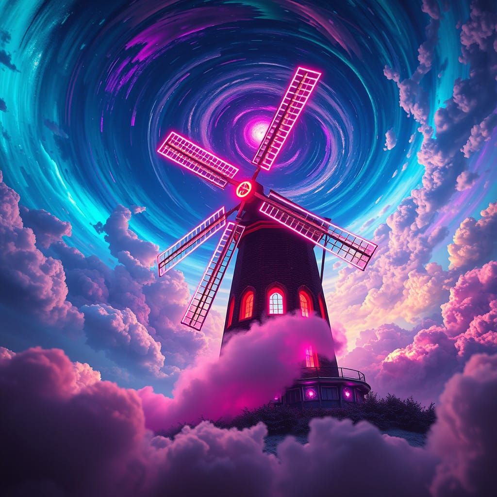 windmill - Cyberpunk Windmill Amidst Swirling Vortex of Neo...