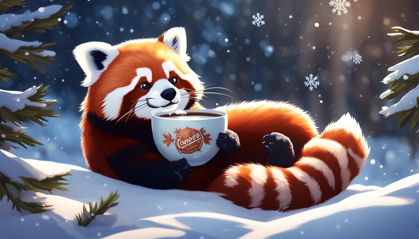 A majestic red panda lounging in the snow with tiny snowflakes sticking ...