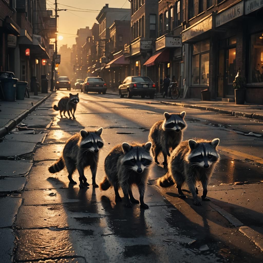 raccoons walking in street - AI Generated Artwork - NightCafe Creator
