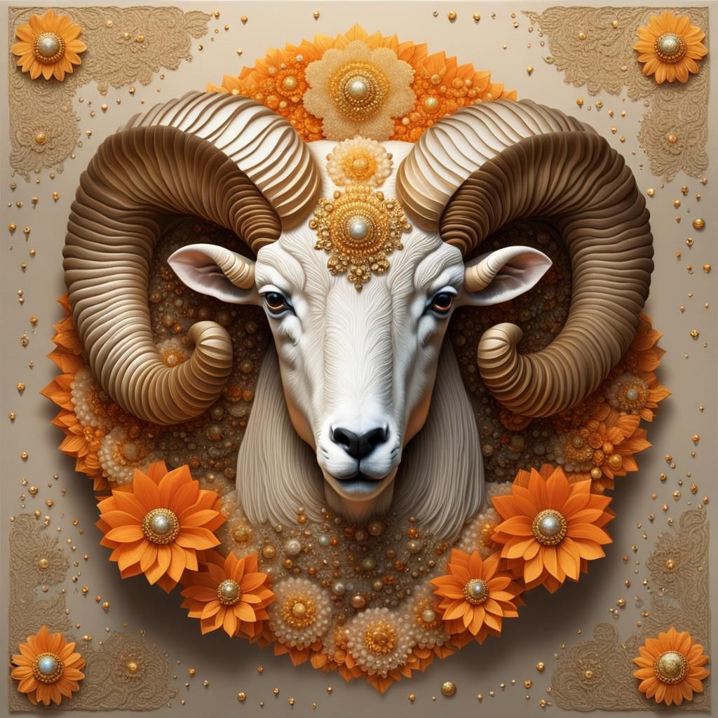 an image of a ram in an abstract design with gold flowers and moons, in ...