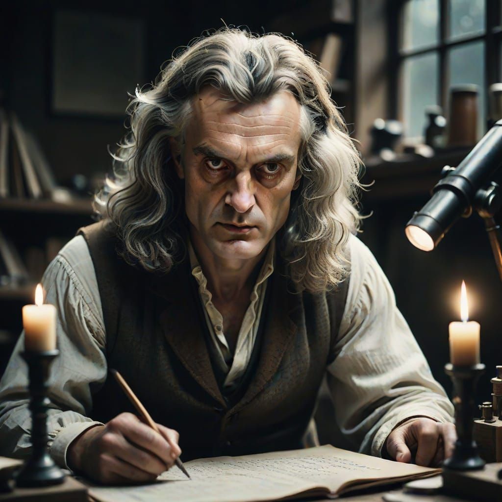 Portrait of Sir Isaac Newton in Intense Laboratory... - AI Art
