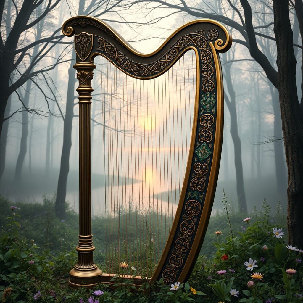 Surreal Celtic Harp in Misty Forest Dawn, with Int... - AI Art