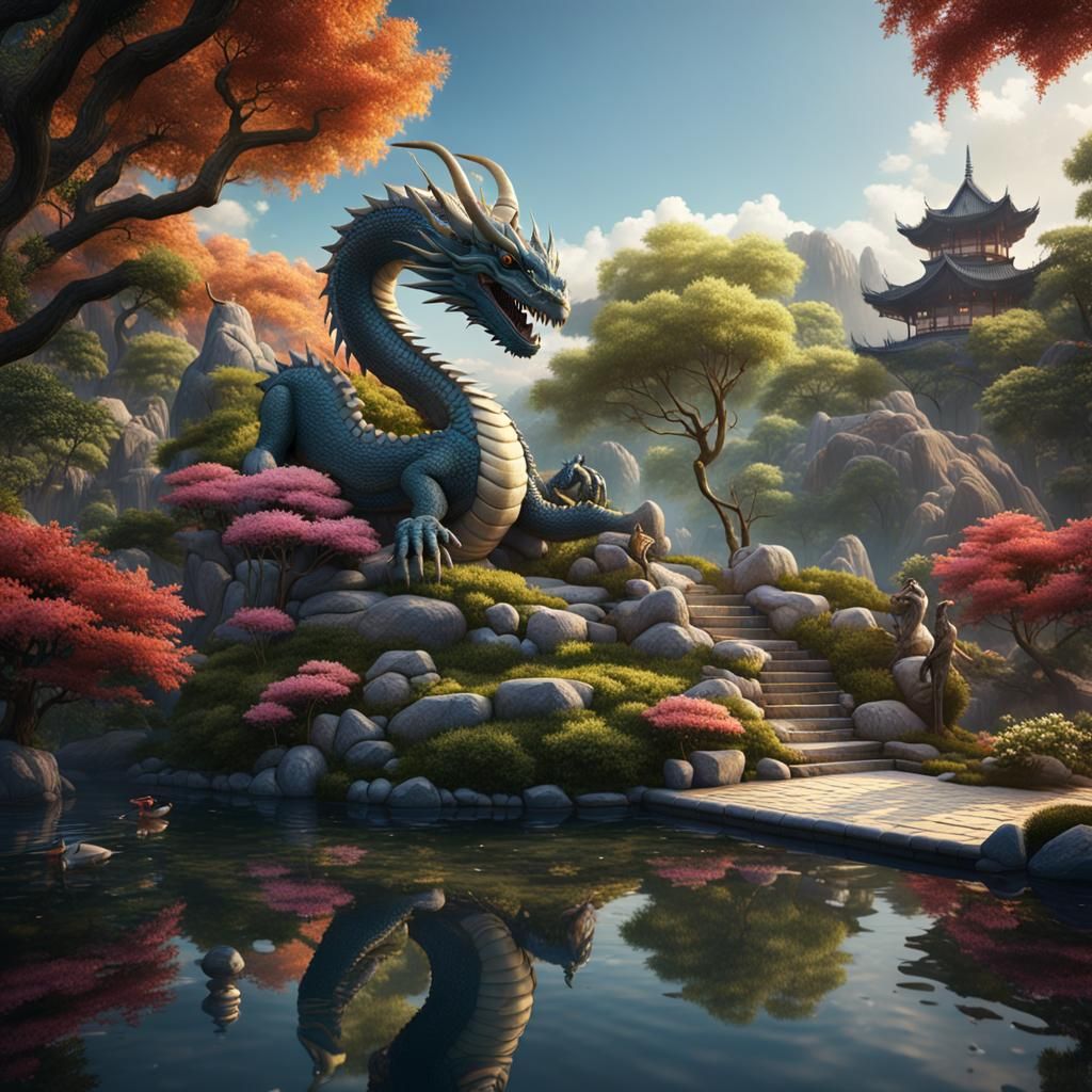 A dragon having peace in a zen garden and a lake next to garden - AI ...