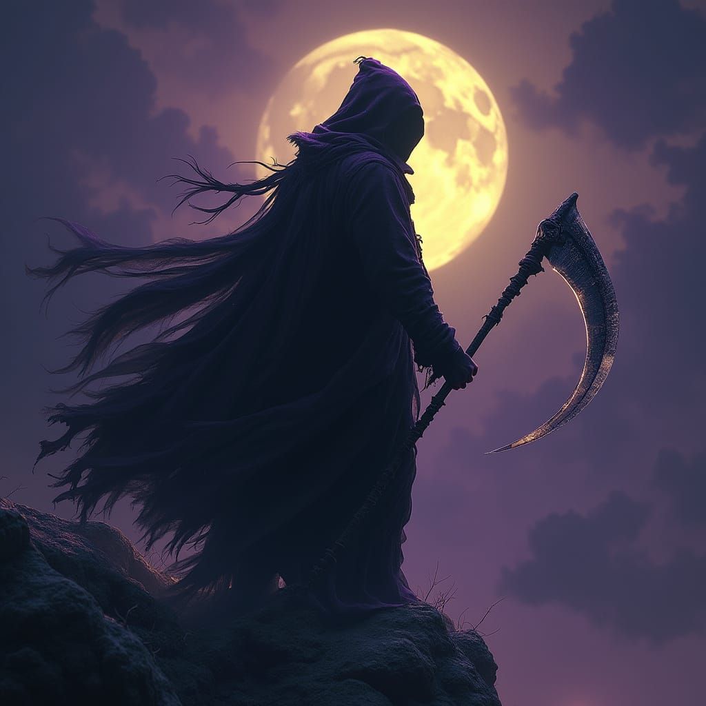 Dark Figure Holding Scythe Under Moonlight - AI Art