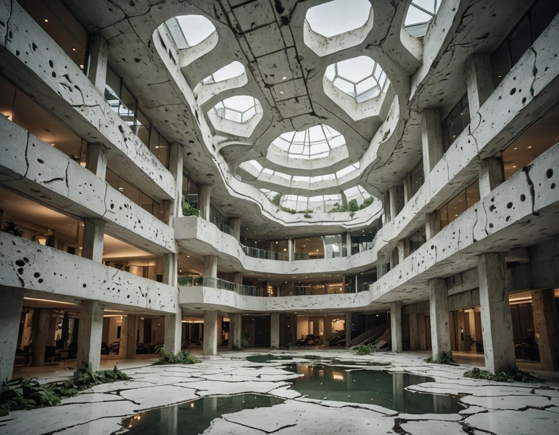 Troglodyte atrium interior, Organic architecture made of white concrete ...