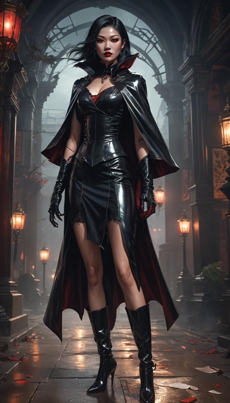 asian female Vampire dressed in patend leather short dress long Vampire ...