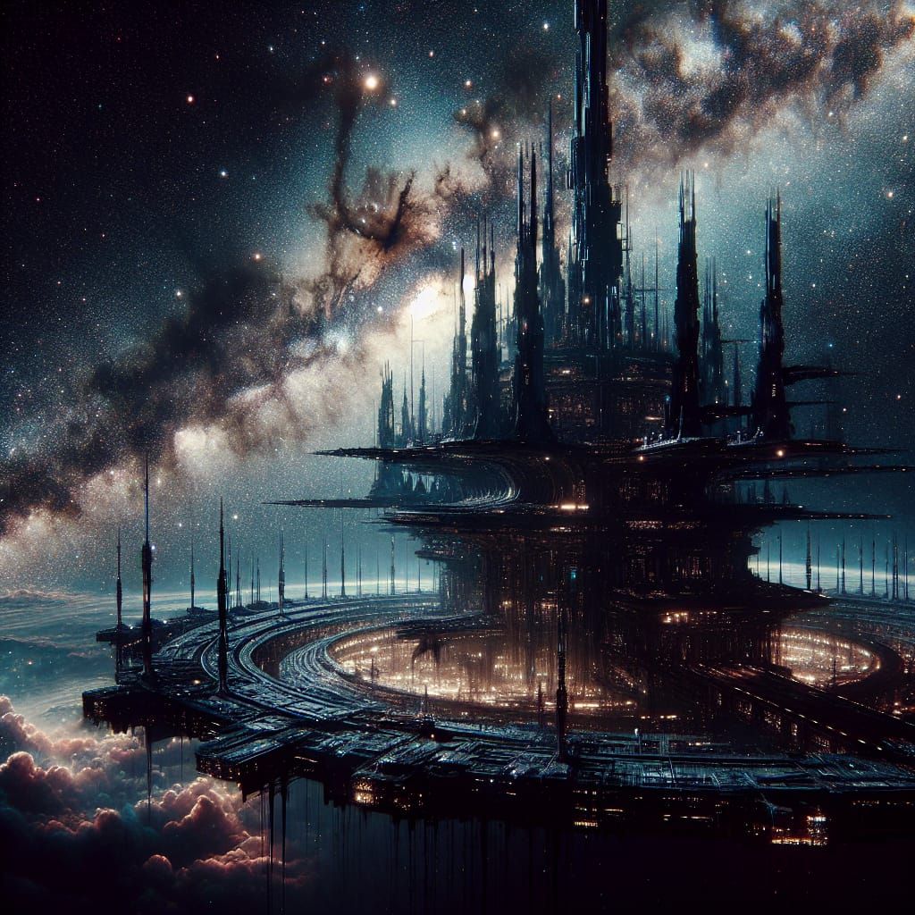 A stunning dark fantasy scene set against a vast, infinite expanse of ...