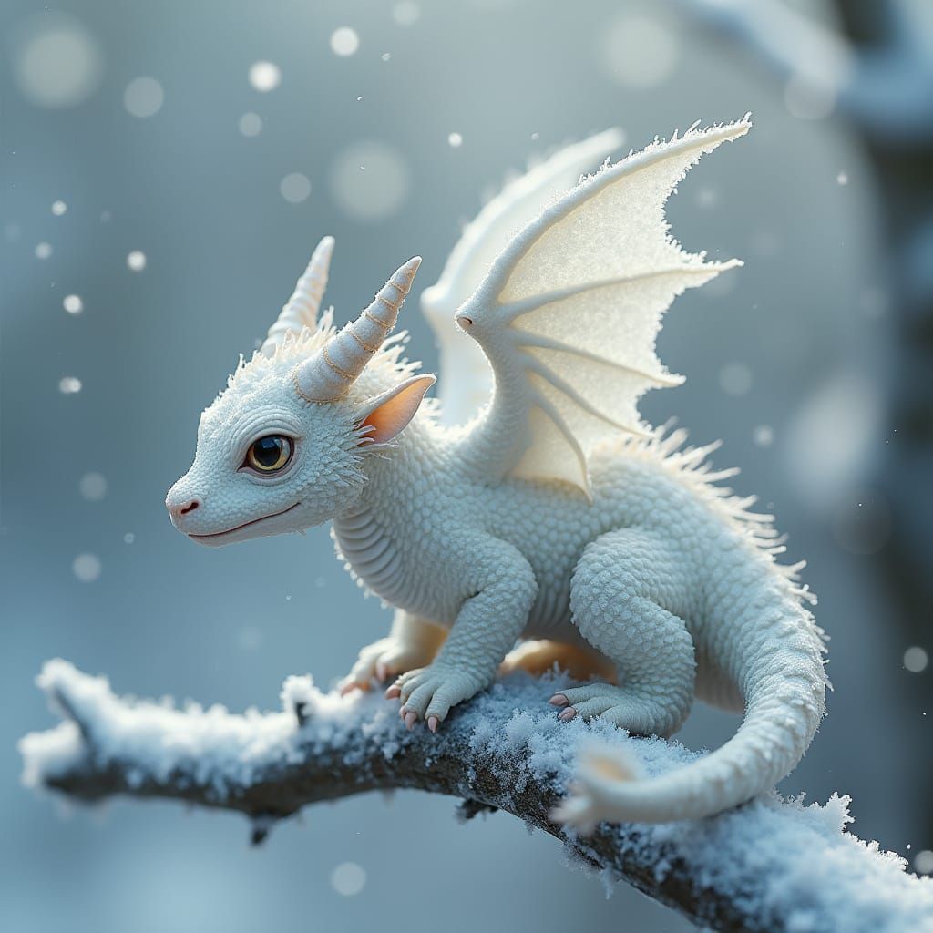 Rarrrr - Icy White Dragon on Frozen Branch