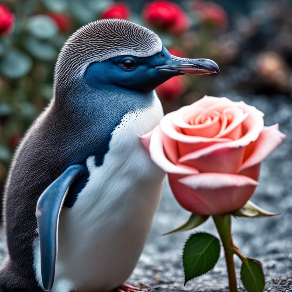 a little blue penguin next to a rose - AI Generated Artwork - NightCafe ...