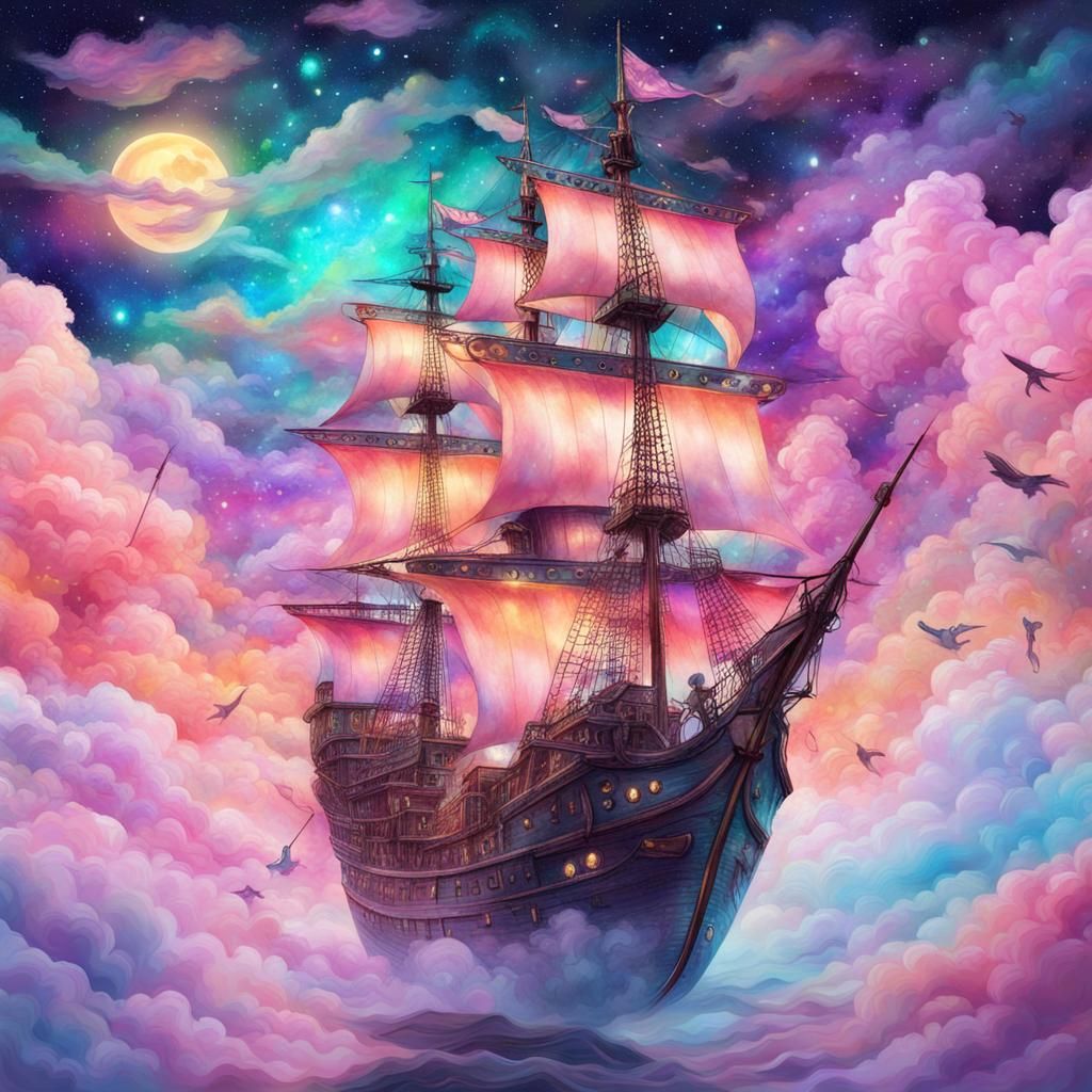 pirate ship flying through sparkly pastel clouds in obscurity. With ...