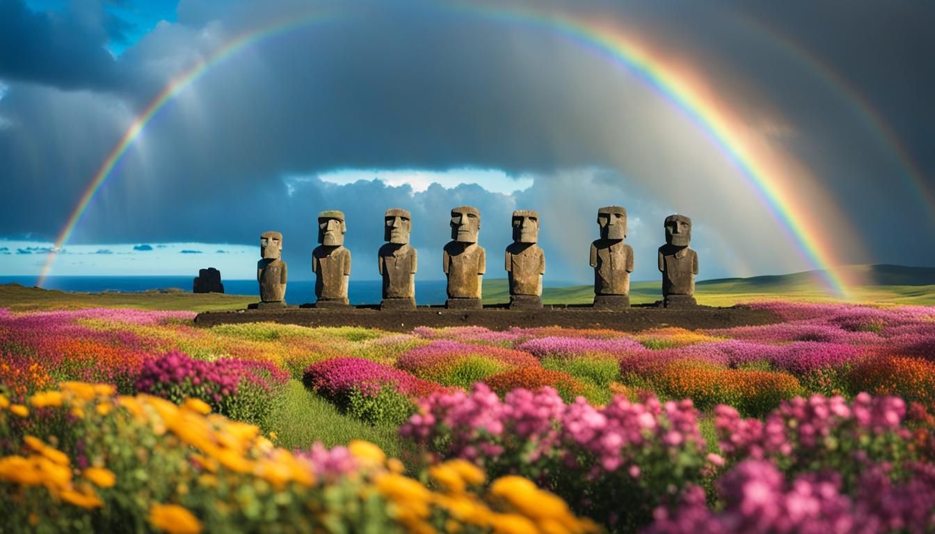 Mo'ai Under Rainbow With Colorful Flowers - AI Generated Artwork ...