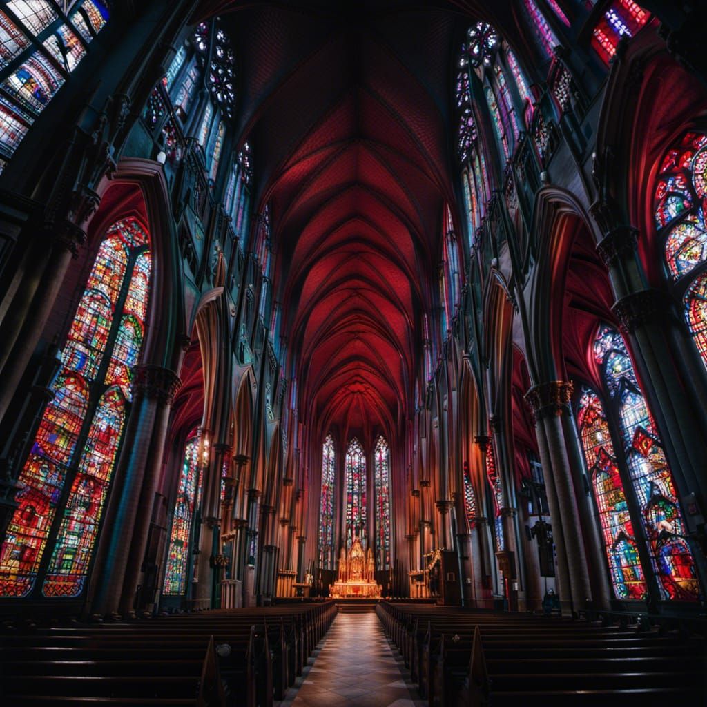 color photo of outside of a large gothic church, shades of dark colors ...