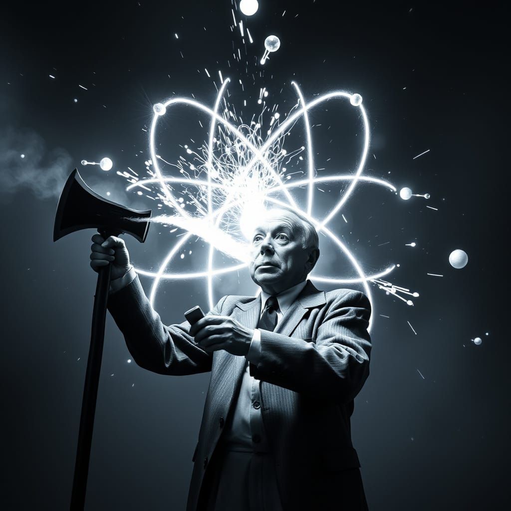 Dr Oppenheimer spilling the atom with an ax