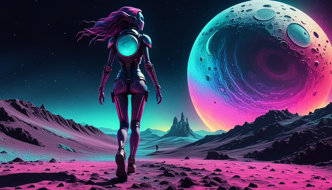 Steampunk Alien Woman on Moon in Synthwave Style - AI Art